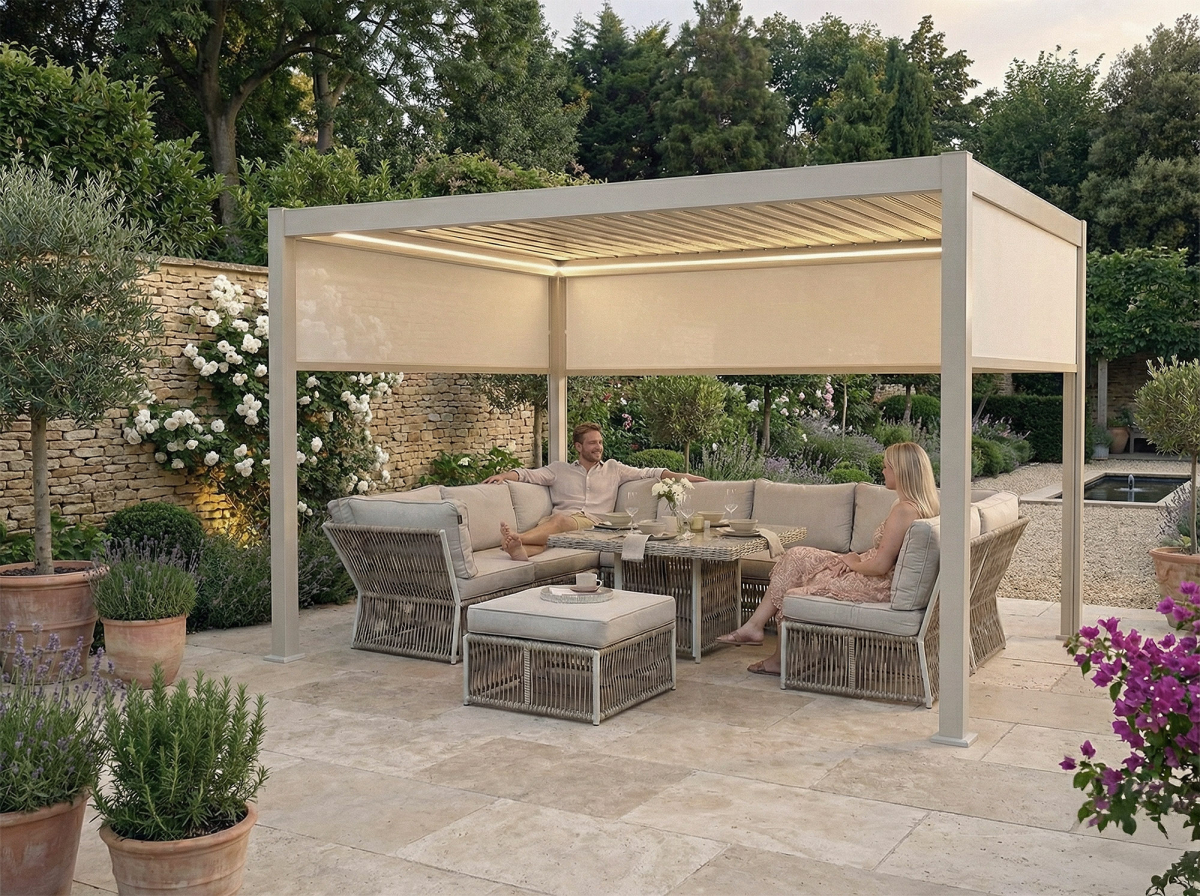 Architect Aluminium Pergola LED lights - 3x4m - â€“ Latte â€“ 3 Blinds